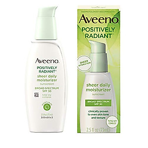 Aveeno Positively Radiant Sheer Daily Moisturizing Lotion for Dry Skin with Total Soy Complex and SPF 30 Sunscreen, Oil-Free and Non-Comedogenic, 2.5 fl. oz