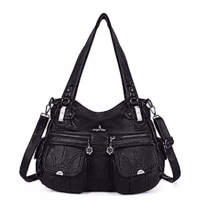 Angelkiss Women's Designer Handbag Large Double Zipper Multi Pocket Washed, Black