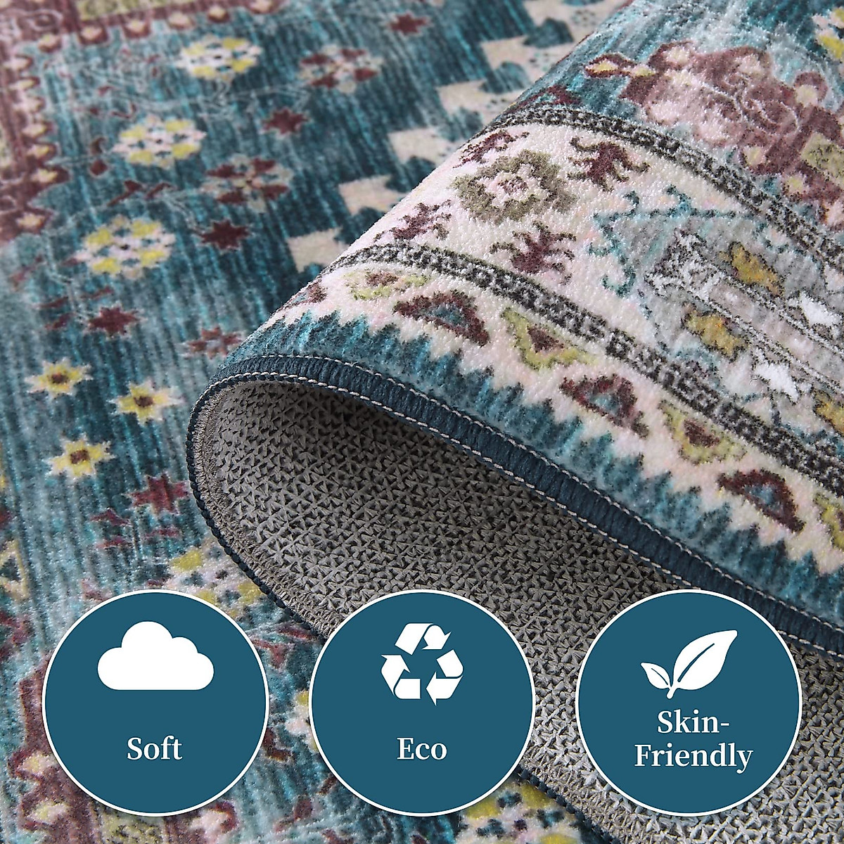 RUGSREAL Washable Area Rug 9x12 Large Blue Rug Vintage Area Rug, Easy-Cleaning, Non Shedding, Perfect for Living Room Bedroom Dining Room Soft Accent Rug Farmhouse Office,9x12