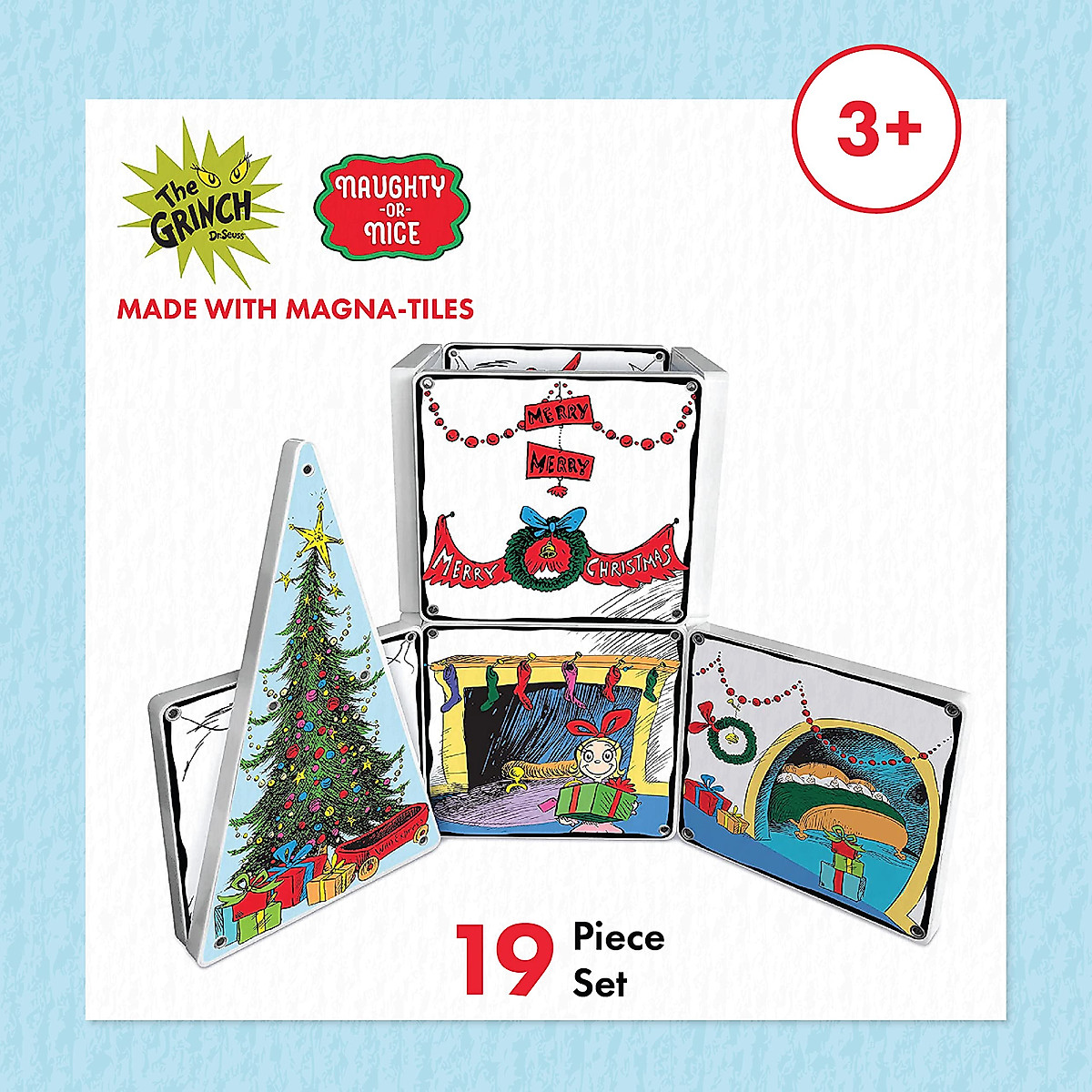 CreateOn Magna-Tiles Limited Edition Grinch Magnetic Building Toys from Dr. Seuss’ “How The Grinch Stole Christmas” Book, Educational Toys for Ages 3+, 19 Pieces