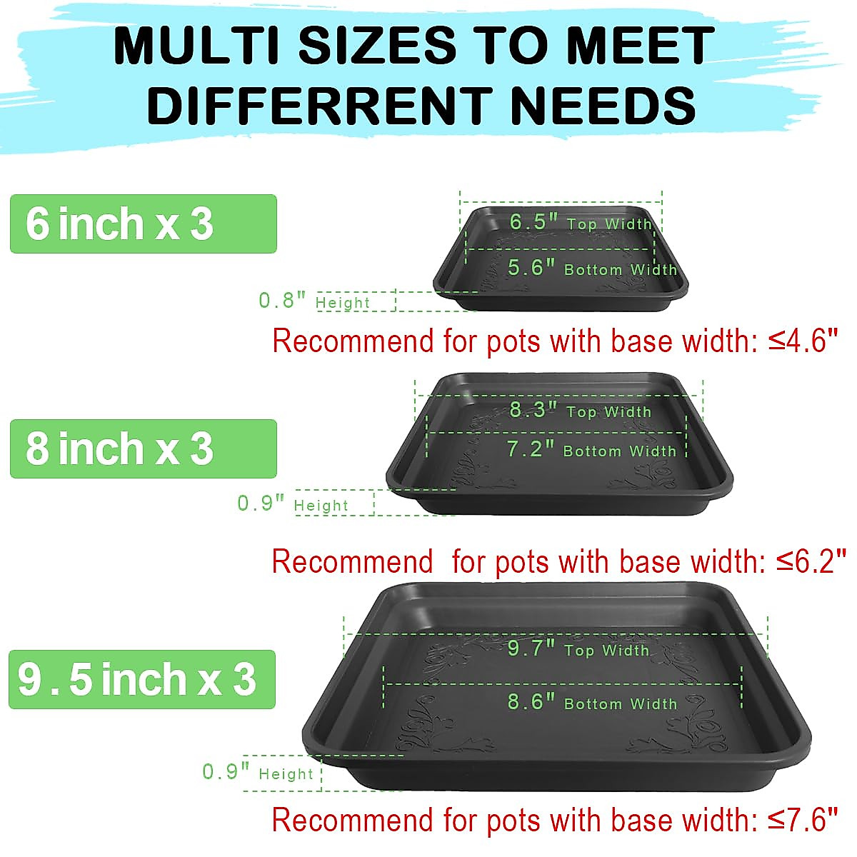 GREGICH Square Plant Saucer Tray 6 8 9.5 Inch Assorted Size 9 Packs, Strong Plastic Plant Water Catcher Tray Planter Saucer Drainage Catch Drip Plate for Potted Plant Flower Pot Base Indoor Outdoor