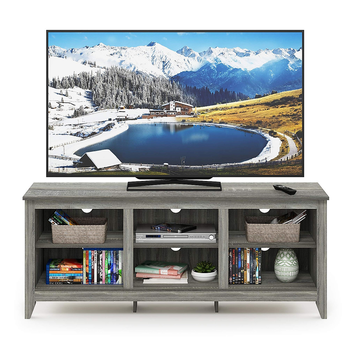 FURINNO Jensen TV Stand with Shelf, French Oak Grey, 65-Inch