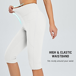 baleaf Women's High Waisted Capris Casual Summer Knee Length Leggings Petite Yoga Casual Workout Exercise Capris with Pockets White XL