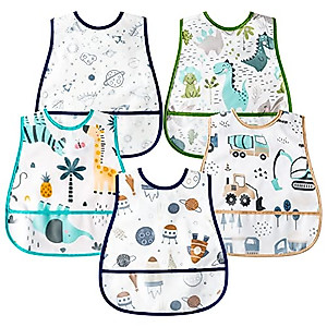 R HORSE 5Pcs Baby Bibs Set Toddler Bibs with Crumb Catcher Pocket & Snap Button Adjustable Outer Space Pattern Waterproof Baby Feeding Bibs for Baby Boys Girls 6-24 Months