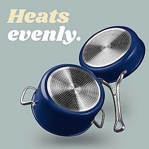 Nontoxic, nonstick BPA-free Risa kitchen stock pot with lid and pot holders for gas, electric, & induction stove by Eva Longoria - Deep Blue