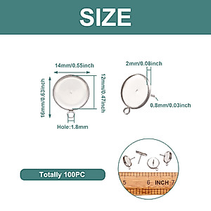Pandahall 100Pcs Stainless Steel Stud Earring Cabochon Setting 12mm Flat Round Post Cup Bezel Tray with Loop for Jewelry Making Findings