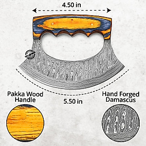 One Handed Rocker Damascus Ulu Knife With Sheath, Rocker Knife For One Handed Cutting, 5.5 Inches Rocker Damascus Ulu Knife, Heavy Duty Rocker Knife/Ulu Knife/Mezzaluna Knife (Pakka Wood)