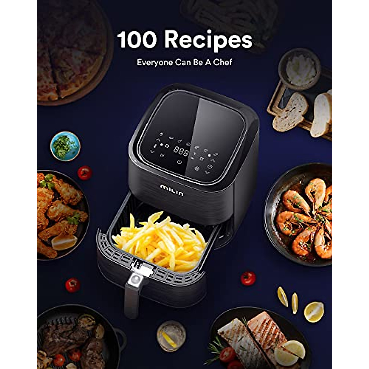 Air Fryer, Milin 1700w XL Air Fryer with 100 Recipes Cookbook, LED Touch Screen Electric Hot Air Fryer Oven with 7 Presets, 5.8 QT Digital Air Fryer with 7 Presets, Non-stick Oilless Cooker
