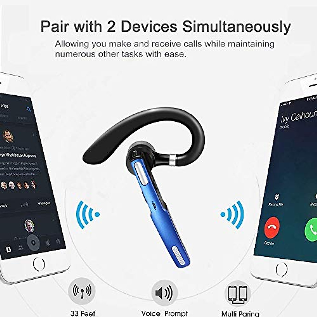 Candeo Bluetooth Headset V4.2, Wireless Bluetooth Earpiece Hands-Free Earphones with Noise Cancellation Mic for Driving/Business/Office/Home, Compatible with iPhone and Android Cell Phones