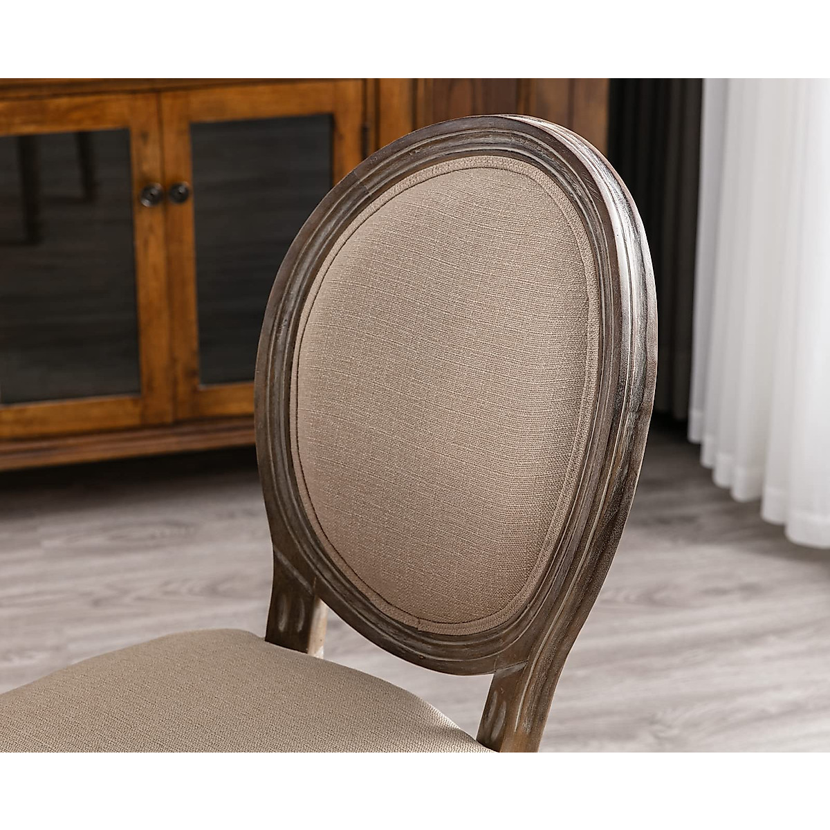 Kmax Farmhouse Dining Room Chairs, Brown Wood Legs Elegant Tufted Kitchen Chairs, French Distressed Bedroom Chairs with Round Back, Set of 8, Beige