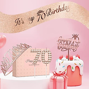 70th Birthday Decorations for Women, 70th Birthday Sash,Tiara, 70th Candles and Happy Birthday Cake Toppers, Rose Gold 70th Birthday Gifts Set