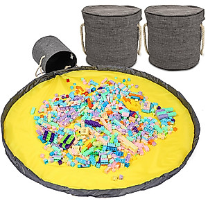 YAYODS 2 Pack Toy Storage Organizer and Play Mat for Kids, Toy Storage Organizer for Building Bricks & Blocks 12.6'' × 11'' Large Foldable Oxford Cloth Toy Storage Bins for Boys and Girls(Grey)