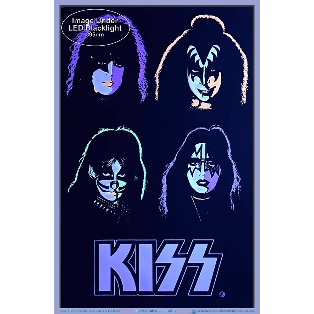 KISS - Four Faces - Officially Licensed, Authentic Blacklight Flocked Poster - 23" x 35"