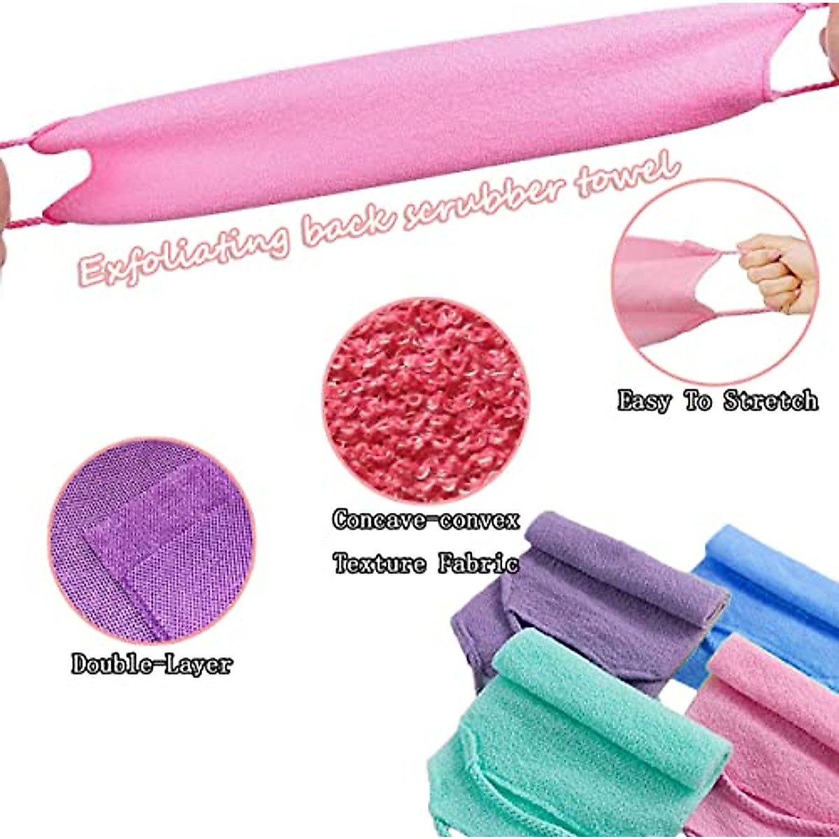 4 Pack Exfoliating Back Scrubber with Handles, Nylon Extended Length Bath Towel Shower Back Washer Exfoliating Washcloth Rear Scrub Stretchable for Body Shower Deep Cleaning Massages