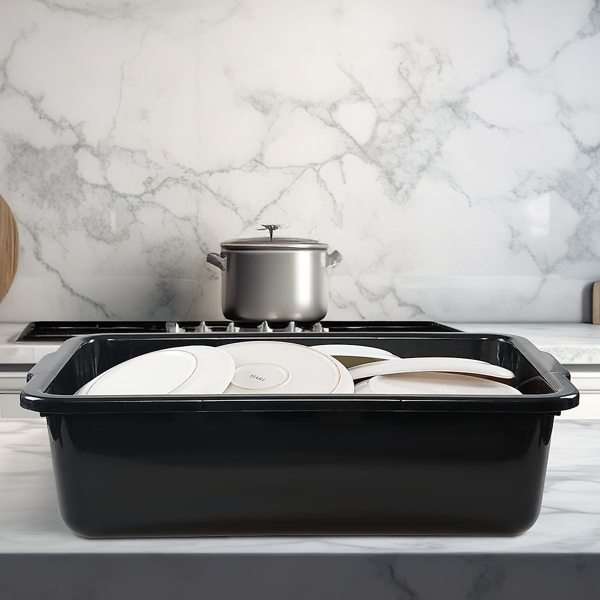 Cinkyou 32 L Large Commercial Bus Box, 4-Pack Plastic Utility Bus Tub, Black