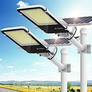 A-ZONE 1200W Solar Street Lights Outdoor, 100000LM High Brightness Dusk to Dawn LED Lamp, with Remote Control, IP66 Waterproof for Parking Lot, Yard, Garden, Patio, Stadium, Plaza-2pcs