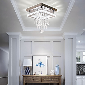 CXGLEAMING Square Crystal Chandelier Modern Crystal Ceiling Light Square LED Chandelier Flush Mount Ceiling Chandeliers for Dining Room Bedroom Hallway Closet (Cool White)