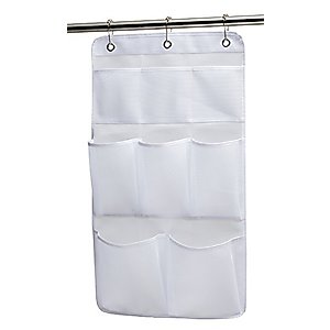 KIMBORA Mesh Shower Organizer Hanging Bathroom Caddy 8 Pockets Hang Curtain Rod with 3 Rings