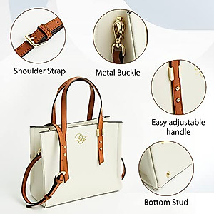 DamiFriends Genuine Leather Mini Tote Bag for Women Small Top Handle Shoulder Bag with Zipper Closure (White Brown)