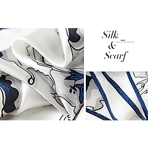 MEISEE 100% Mulberry Silk Long Scarf for Women Large Oblong Sunscreen Shawls Wraps Neck Headscarf Hair Wraps with Gift Packed (White+blue-black)