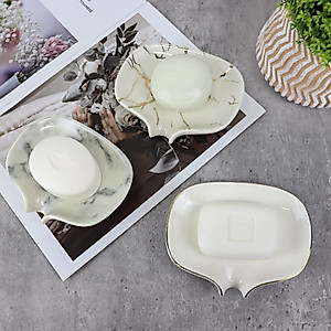 Polyroyal White Soap Dish Ceramic Self Draining Soap Dish Waterfall Slot Gold Edge Bathroom Accessories for Bathroom, Kitchen,Bar Counter