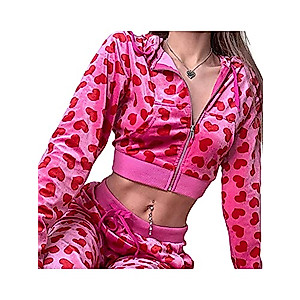 Kaenwang Women 's Heart Print Full Zip Velour Hoodie, Y2K Long Sleeve Crop Sweatshirt Cute Jogging Jacket (Red-top, Small)
