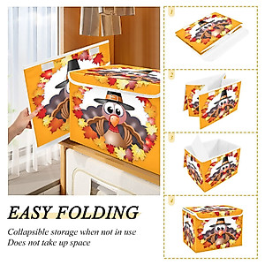 Krafig Thanksgiving Turkey Decorative Storage Box with Lid Large Bins Baskets Collapsible Cube Organizer Foldable Containers for Organizing, Toy, Playroom, Shelf, Closet
