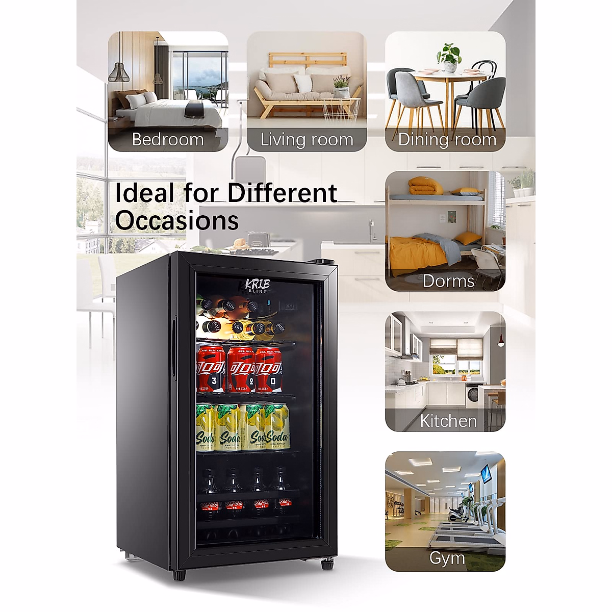 KRIB BLING Beverage Refrigerator and Cooler, 120 Cans Mini Refrigerator for Soda, Water, Beer, Wine, Small Drink Dispenser Machine for Home, Dorm, Office with Adjustable Wire Shelving