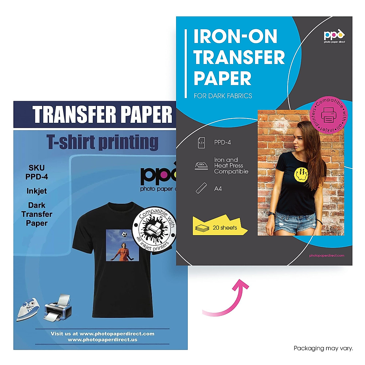 PPD Inkjet Premium T Shirt Transfer Paper - Iron On for Dark Fabric - 8.5 x 11 inch Paper Size - 20 Sheet Count - PPD-4-20