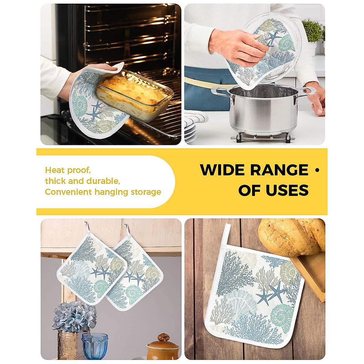 Blue Teal Coral Pot Holders for Kitchen Heat Insulation, Summer Beach Starfish Coastal Modern Geometric Potholders Hot Pads with Hanging Loop, Washable Oven Mitts Pot Holder Trivet for Cooking 2 Pack