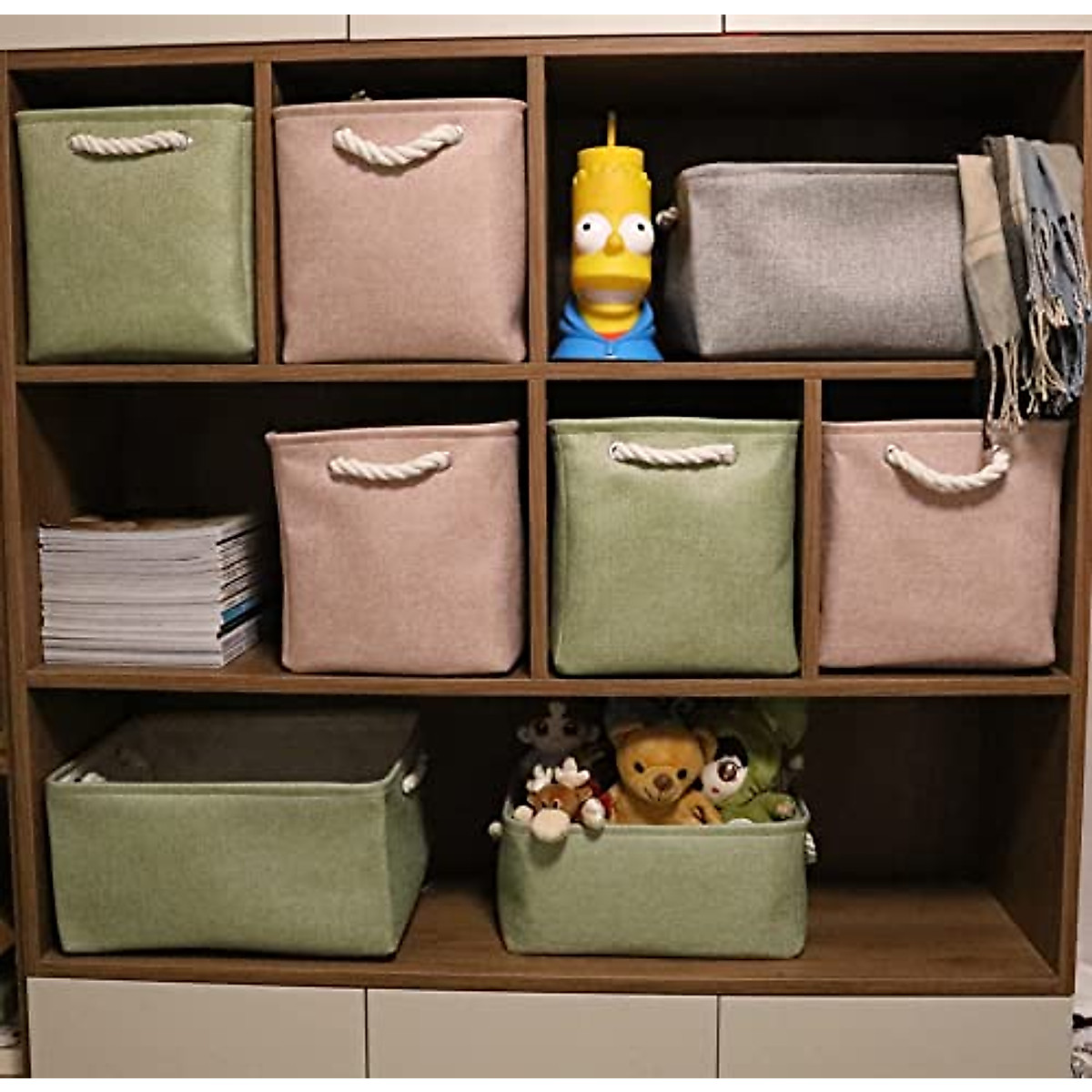 HARMOSO Collapsible Storage Basket (14Lx10.6Wx6.6H) Decorative Storage Bins with Handles Canvas Storage Baskets for Shelves Gift baskets organizing Toys Clothes Books baskets (Green,3Pack)