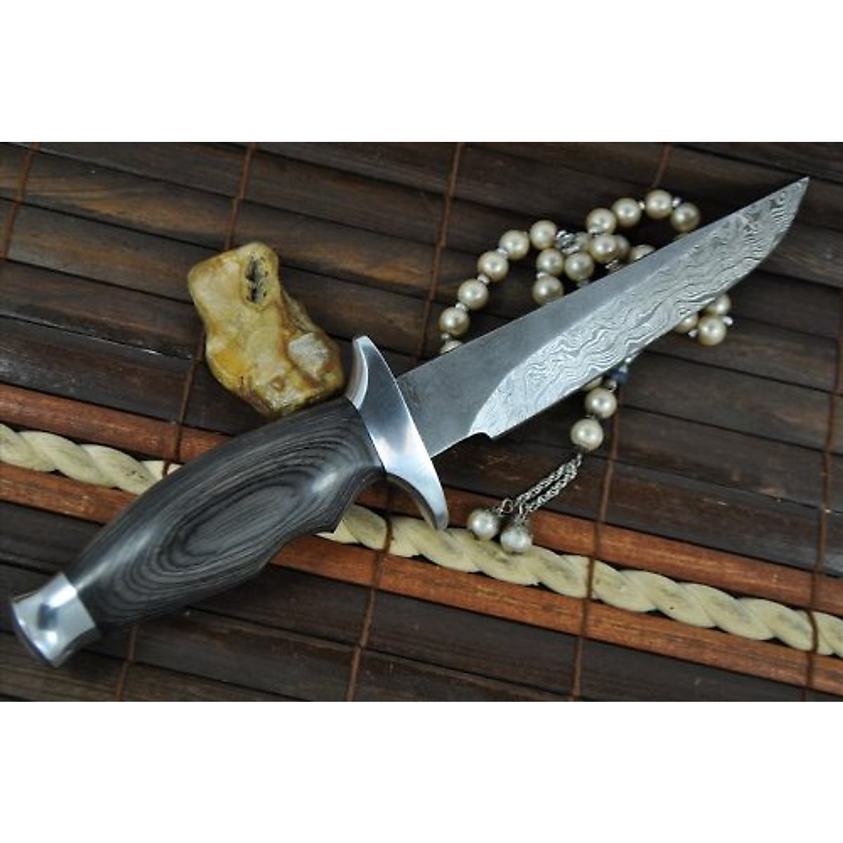 Perkin Damascus Steel Hunting Knife with Leather Sheath