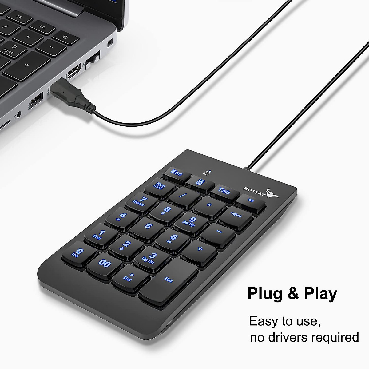 Rottay Backlit Number Pad, Wired Numeric Keypad Silent Keyboard Extensions External 10 Key USB Keypad for Laptop & PC