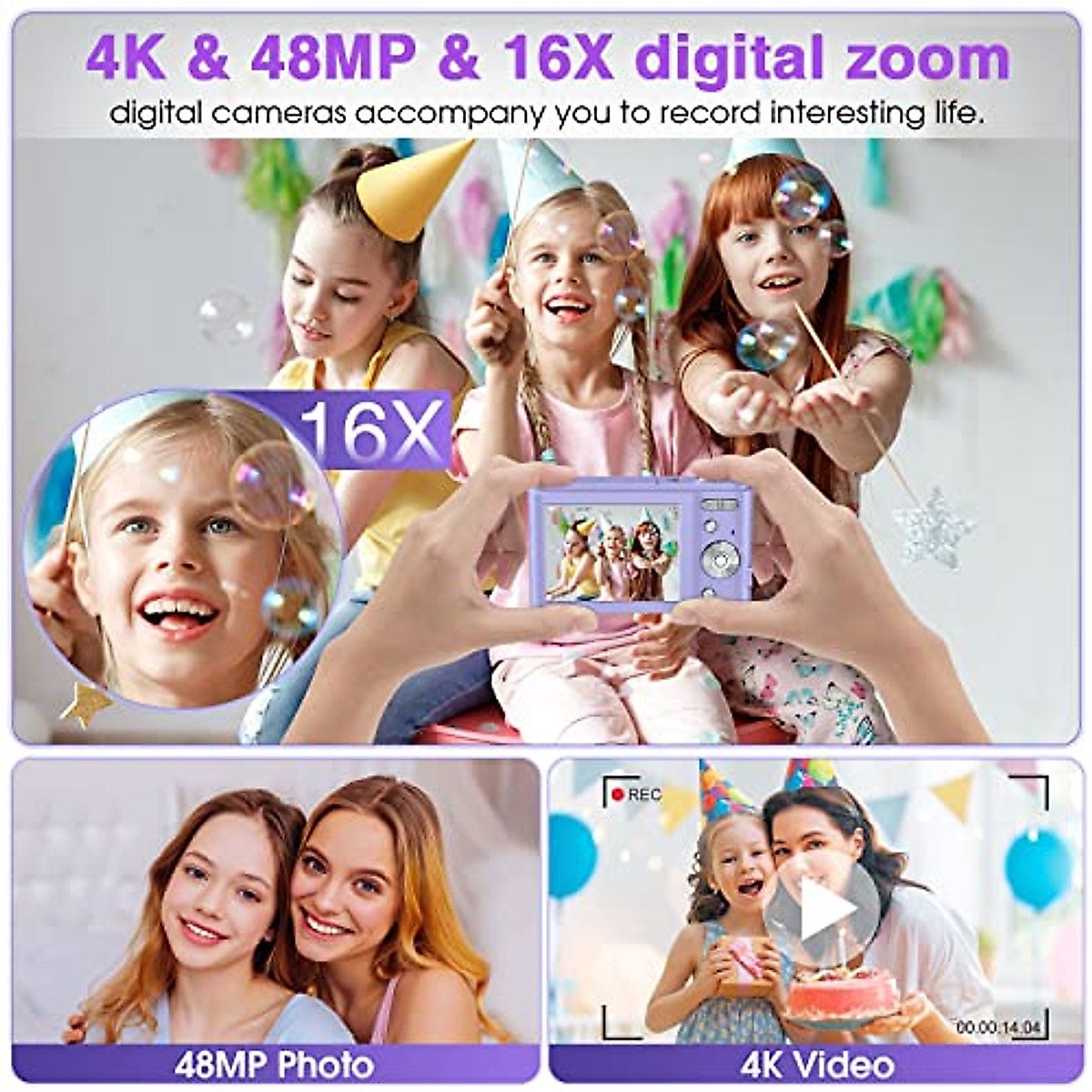 Digital Camera, Nsoela 4K FHD 48MP Kids Camera with 32 GB Card, Compact Point and Shoot Camera, 2.8" LCD Screen,16X Digital Zoom, Portable Mini Kids Camera for Teens,Students,Children (Purple)