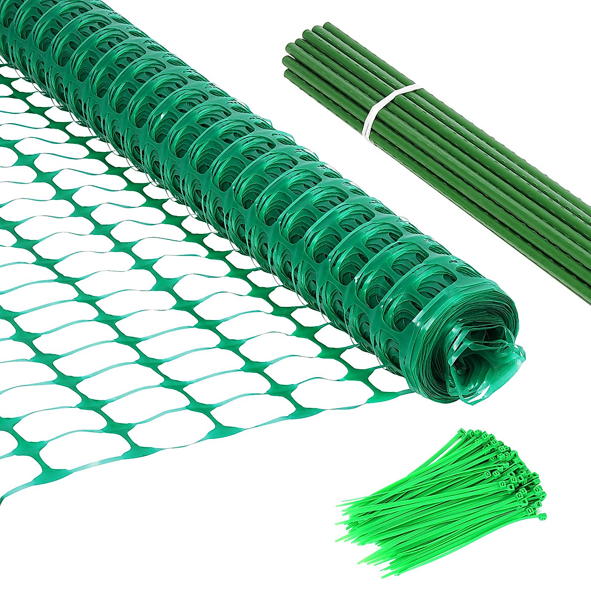 Temporary Garden Fence, Snow Fence, Plastic Safety Fence 4’ x100’ with 25 Steel Fence Stakes & Zip Ties –Temporary Fencing,Plastic Netting Mesh Barrier for Dogs Chickens, Small Animal and Plants