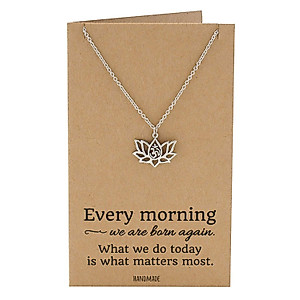 quan jewelry Yoga Lotus Flower Pendant Necklace with Om Symbol, Happy Birthday Gifts Ideas for Mom, Daughter, Women with Inspirational Quote on Gift Card (Silver Tone)