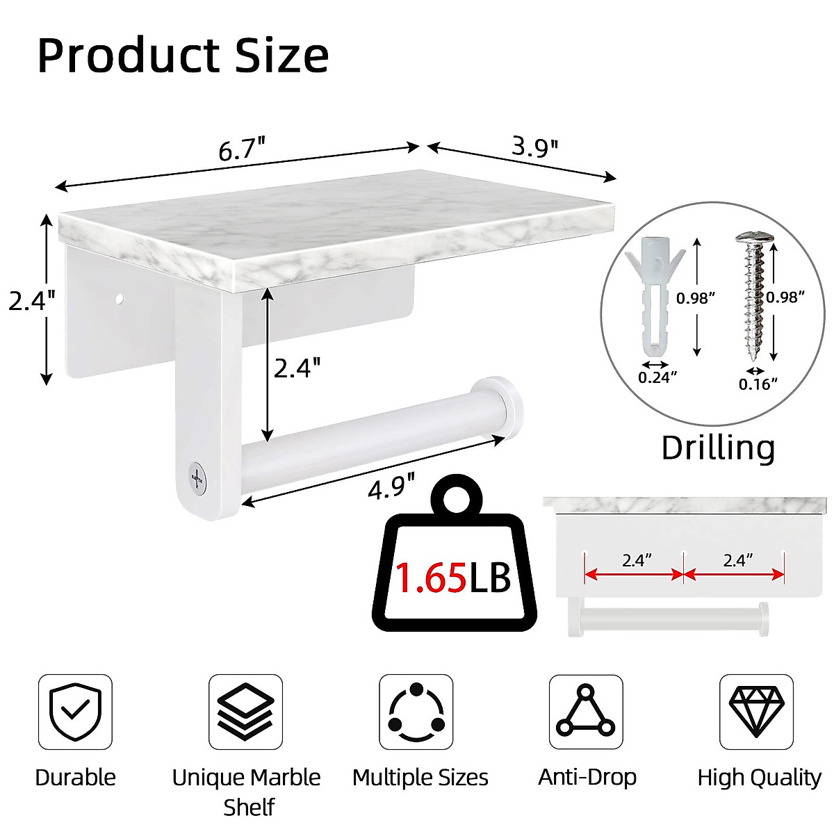 Gypie Toilet Paper Holder with Natural Marble Shelf, 304 Stainless Steel Screw Wall Mounted, Tissue Roll Paper Holder Dispenser for Bathroom Washroom White