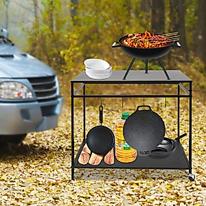 Mobile Double-Shelf Outdoor Grill Cart, Portable Dining Cart Table with Hooks and Handles, Steel Pipe Dining Table for Pizza Oven, Portable Grill Table with Storage Space, Black