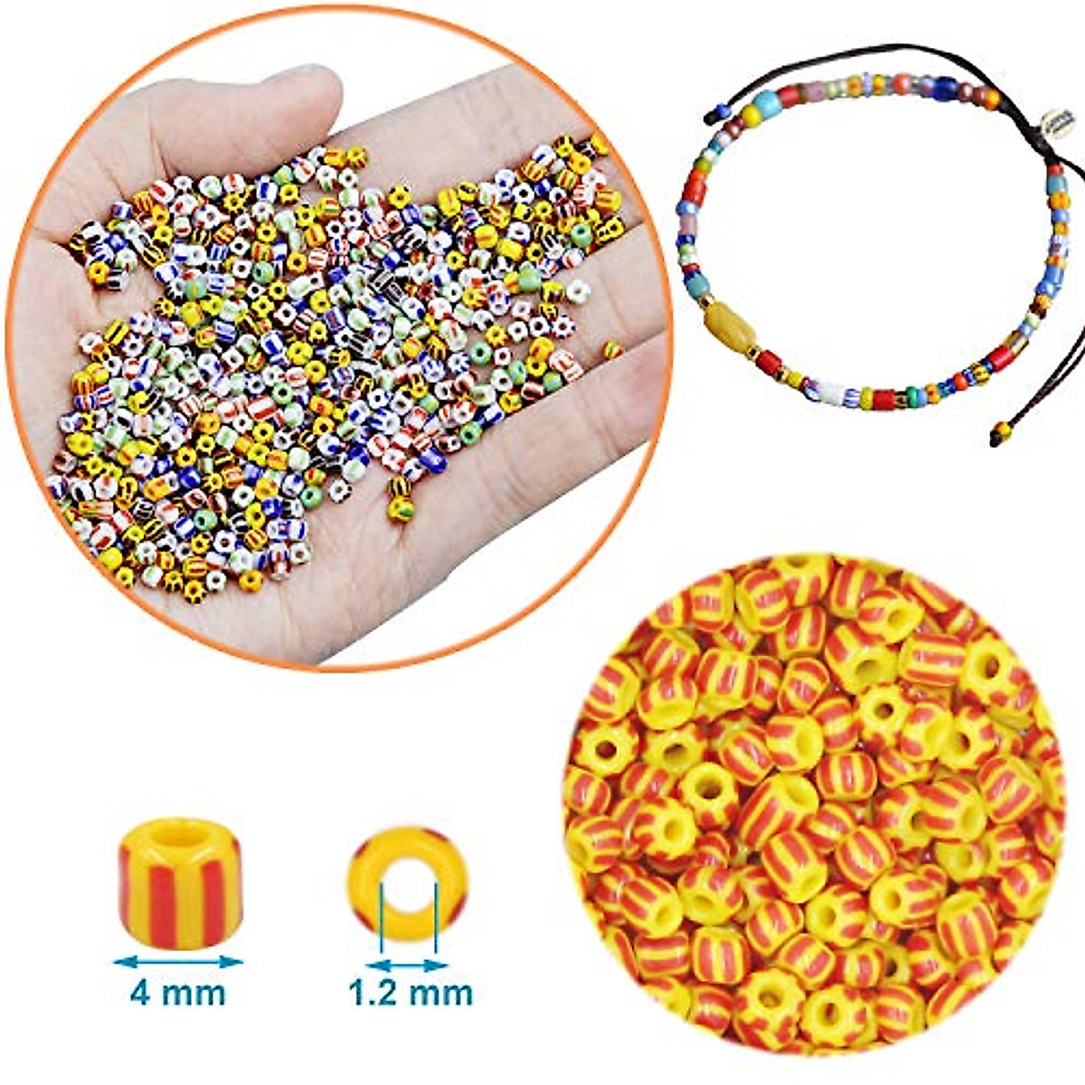 EuTengHao 6000pcs Striped Seed Beads Small Craft Glass Seed Spacer Beads Set for DIY Bracelet Necklaces Crafting Jewelry Making Supplies with Bracelet String (250Pcs Per Color, 4mm, 24 Colors)
