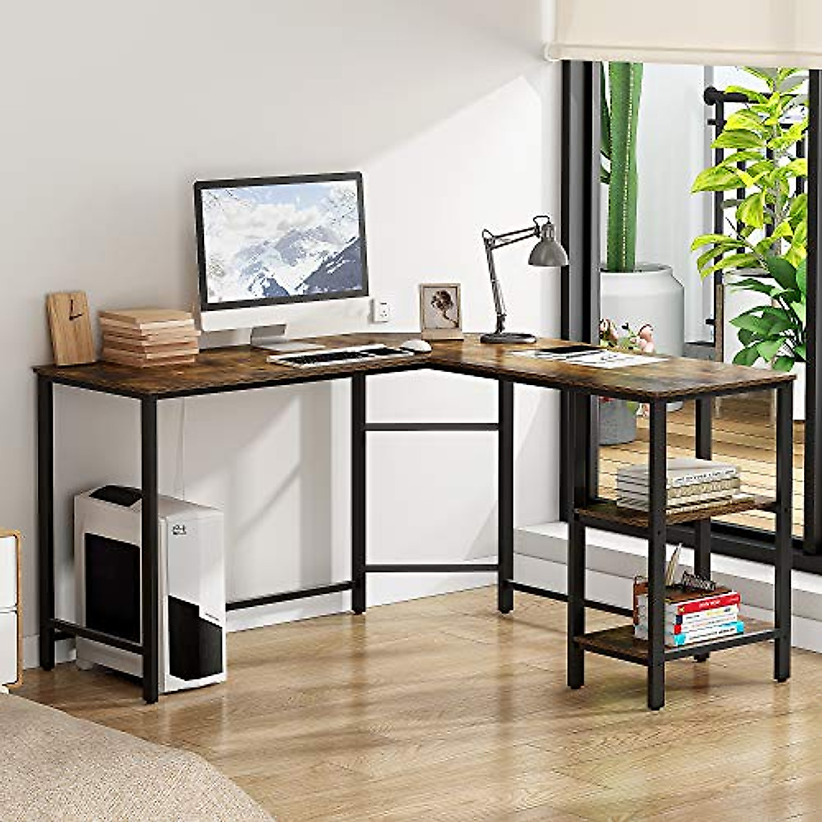 Wodeer L Shaped Computer Desk with Storage Shelves Corner Gaming Desk Writing Study Table Home Office Workstation Wood & Metal （Rustic Brown）