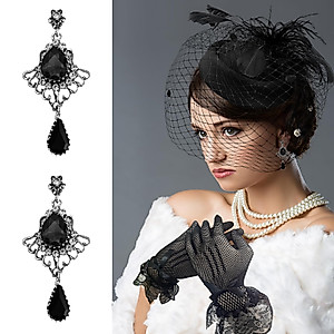 Black Vintage Feather Fascinators Hats Pillbox Hat Set 20s 50s Top Hat Lace Gloves Pearl Jewelry Set for Women Halloween Cocktail Tea Party Wedding