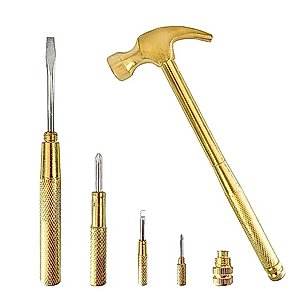Metal Hammer & Screwdriver 6 in 1 Small Hammer, Multitool Camping Hammer Set with Slotted/Flat Head Phillips Screwdriver Hammers Hand Tools Multitool Hammer Best Gift for Sweetheart(Gold)
