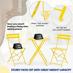 3-Piece Bistro Table and Chairs, Wrought Iron Bistro Set, Anti-Rust, Waterproof Folding Cafe Table and Chairs Set of 2, Foldable Small Bistro Set for Indoor/Outdoor/Porch/Lawn/Balcony/Small Space