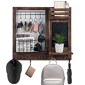Dhmkfly Key Holder, Wall Mail Key Holder Wooden Hanging Mail Storage for Entryway Mail Holder, Wall Decorative with 5 Double Hooks and Chalkboard (Burnt Paulownia)