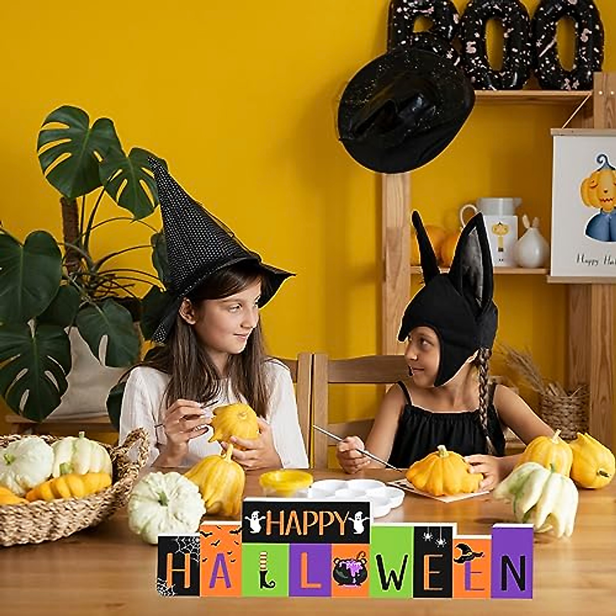 Happy Halloween Decor and Reversible Merry Christmas Decor Wood Sign, Free Standing Block, Halloween and Christmas Farmhouse Table Decor for Home Indoor Mantle Party Office Tiered Tray Decor