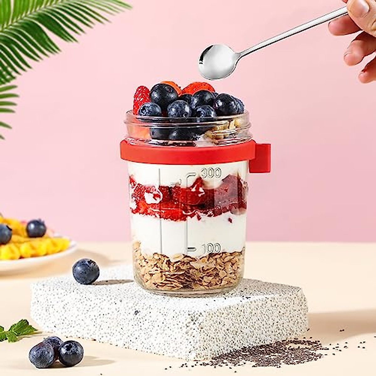 Tekuve Overnight Oats Containers with Lids and Spoon 2 Pack, Glass 16 oz Mason Jars with Airtight Lid for Overnight Oats Meal Prep Chia Yogurt Salad Fruit Red Orange