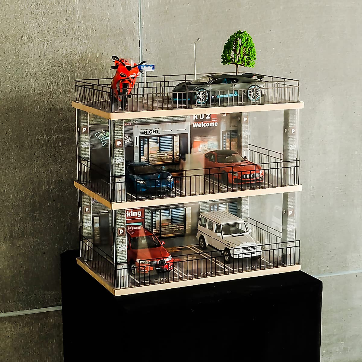 kivcmds 1:24 Scale Car Model Display Case with Parking Lot Scene for Sports Car and Lego Collectors, Display Stand for Alloy Car Model Toy with Light (3-Tiers Coffee Shop Parking Lot)