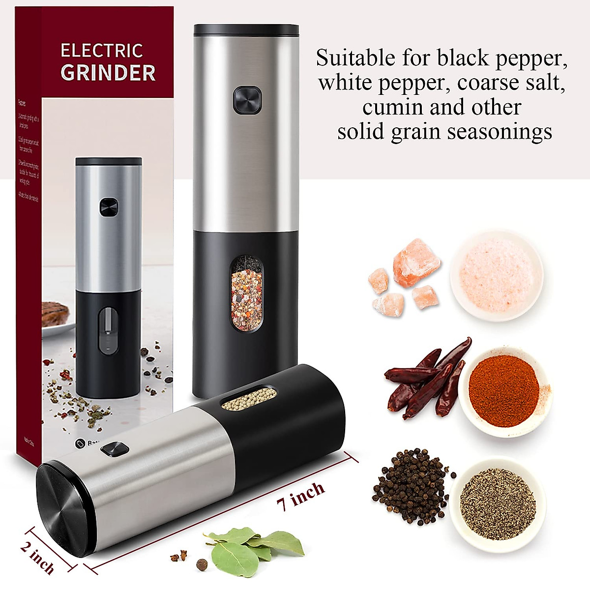 Electric Salt and Pepper Grinder Set, Automatic Pepper Mill with LED Light, Adjustable Coarseness, Battery Powered, One Hand Operated Refillable for Kitchen Resturant BBQ, Stainless Steel Black,2 Pack