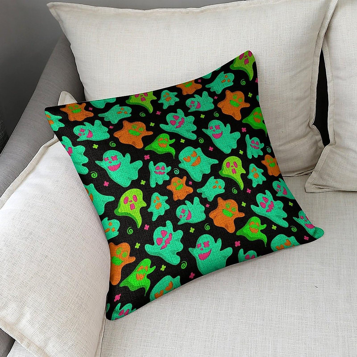 Happy Halloween Cute Ghost Throw Pillow Covers 18×18 Pillowcases Set of 2 Green Glitter Linen Decorative Square Pillow Case Cushion Covers Standard Size for Sofa Couch Outdoor Bed Pillow Protectors