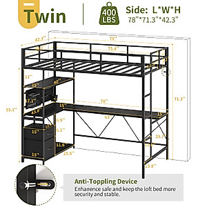 Yoobure Loft Bed Twin Size with Desk, Metal Twin Loft Bed Frame with Charging Station & Safety Guard, LED Loft Beds with 2 Storage Drawers for Kid Junior Adult, Heavy Duty, Space-Saving, Noise Free